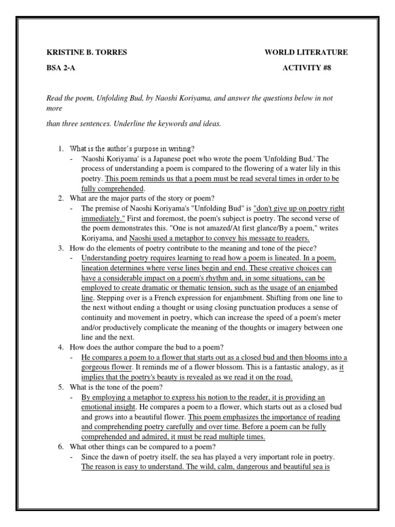 Read The Poem, Unfolding Bud, by Naoshi Koriyama, and Answer The ...