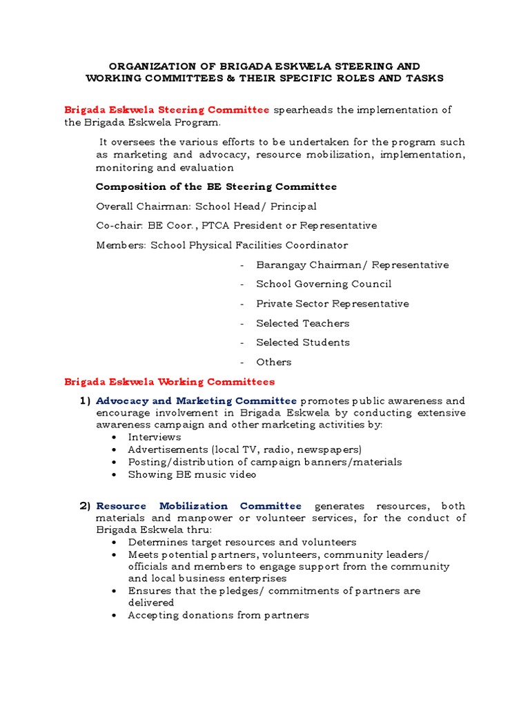 Organization of Brigada Eskwela Steering and Working Committees | PDF ...