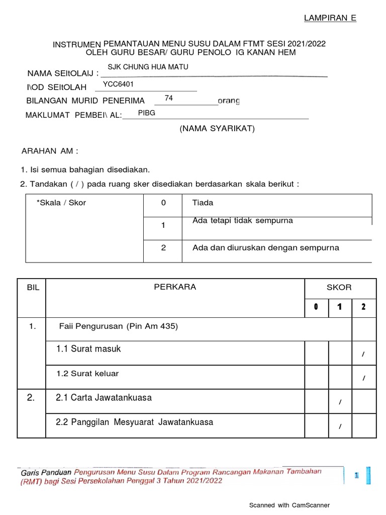 Instrumen Pemantauan Susu DLM RMT 2021& 2022 | PDF