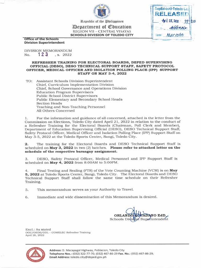 Division Memorandum No. 123 S. 2022 Refresher For Electoral Boards ...