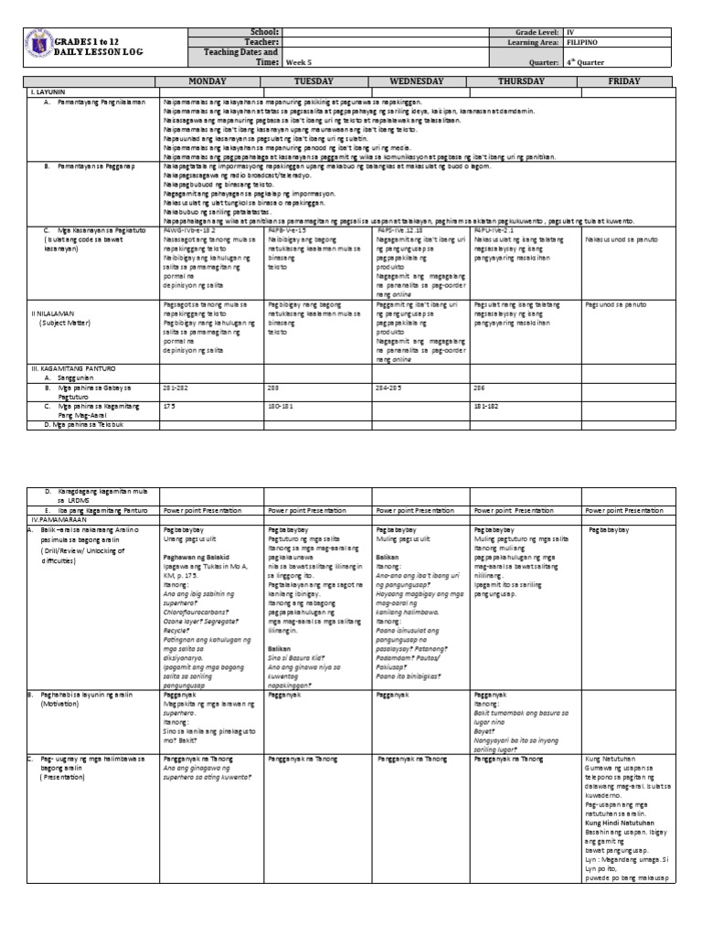 Grade 4 DLL FILIPINO 4 Q4 Week 5 | PDF