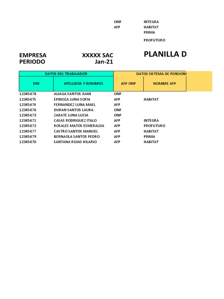 Ejemplo Planilla | PDF | Pensión | Desempleo