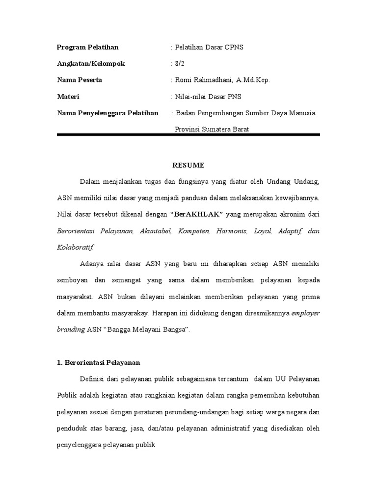 Tugas Agenda 2 Resume Nilai Dasar PNS (Romi Rahmadhani) | PDF