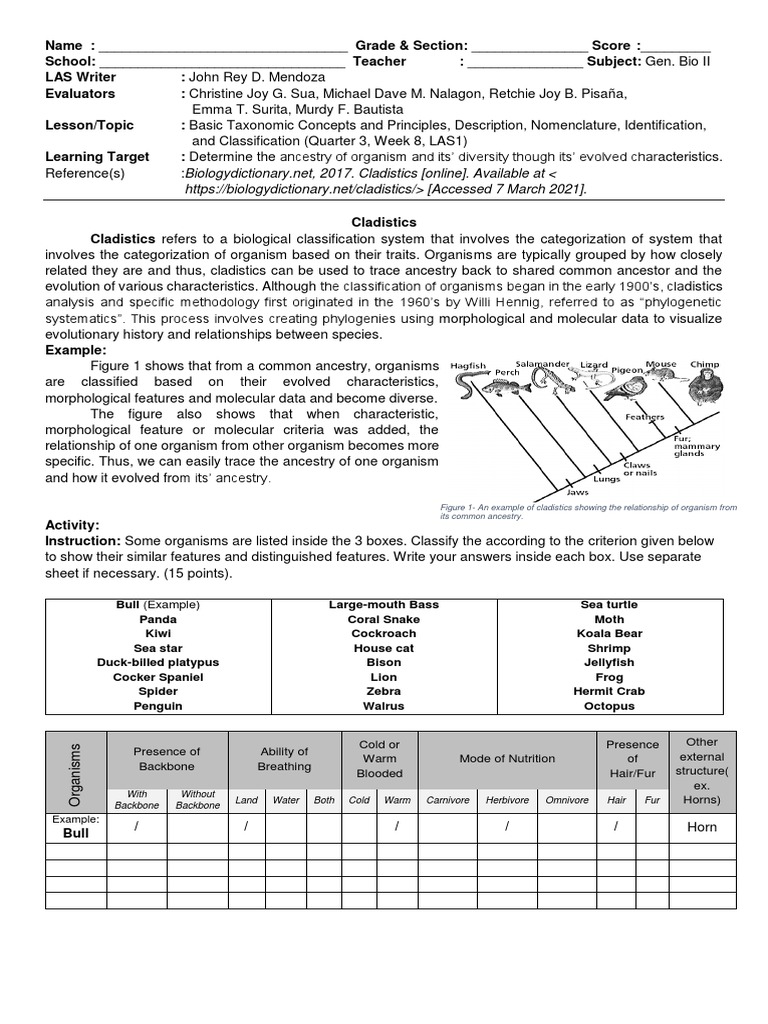 Q3 - WEEK 8 - LAS-1-Cladistics | PDF | Taxonomy (Biology) | Organisms