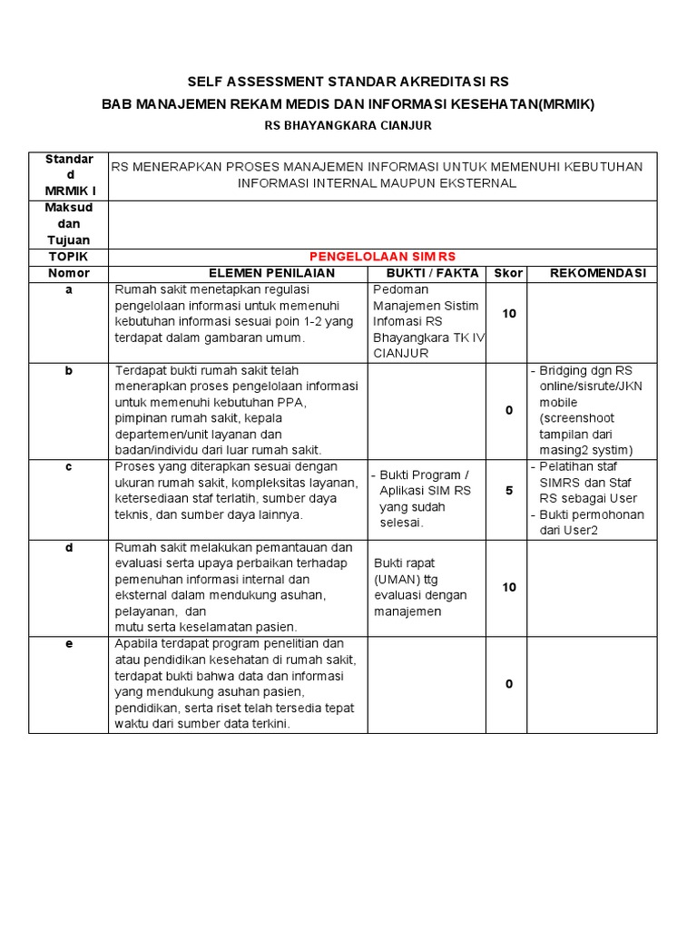 Self Assessment Standar Akreditasi Mrmik Ep 1 & 2 | PDF