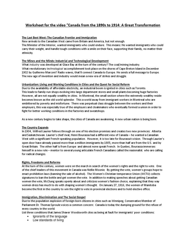 Worksheet For The Video "Canada From The 1890s To 1914: A Great ...