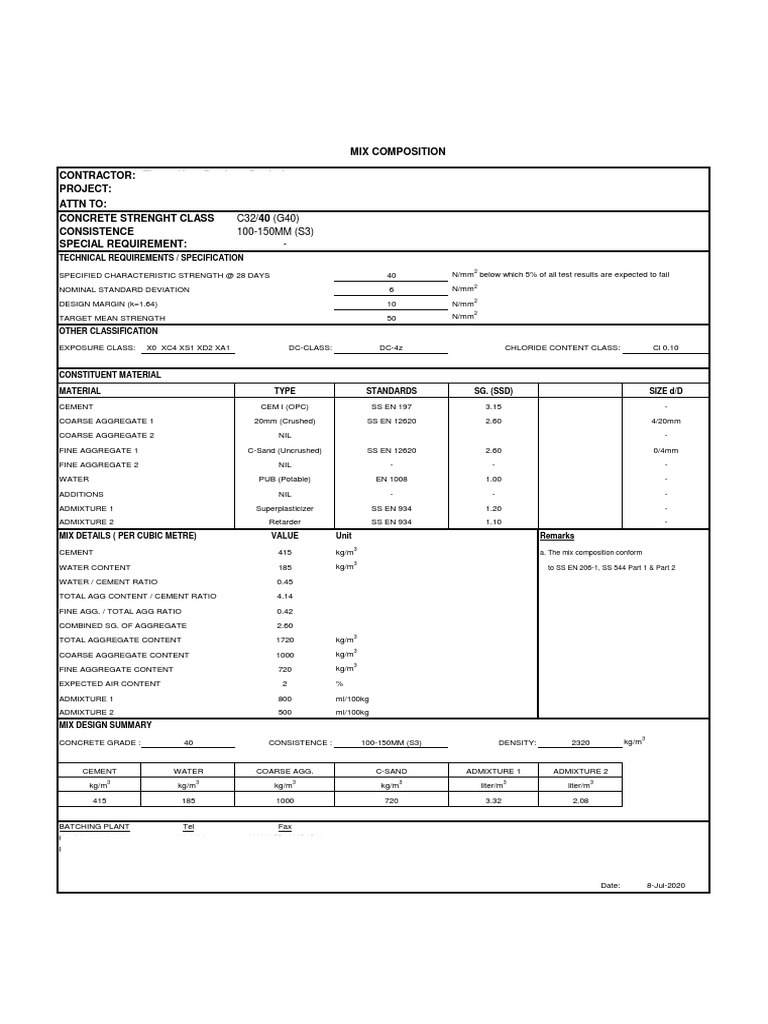 Mix Composition Contractor: Project: Attn To: Thong Huat Brothers Pte ...