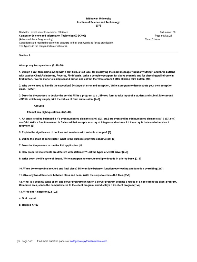 Advanced Java Programming 2075 Questionpaper | PDF | Java (Programming ... Advanced Java Programming 2075 Questionpaper | PDF | Java (Programming ...