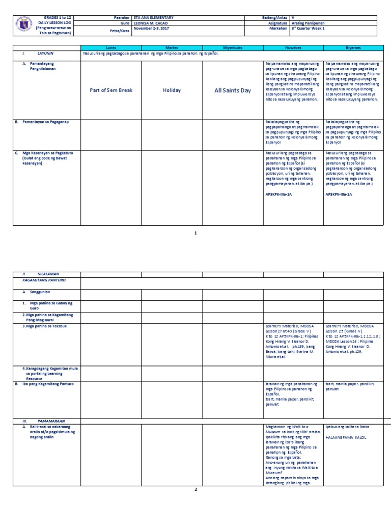 DLL Grade 5 Week 1... 3RD Quarter | PDF