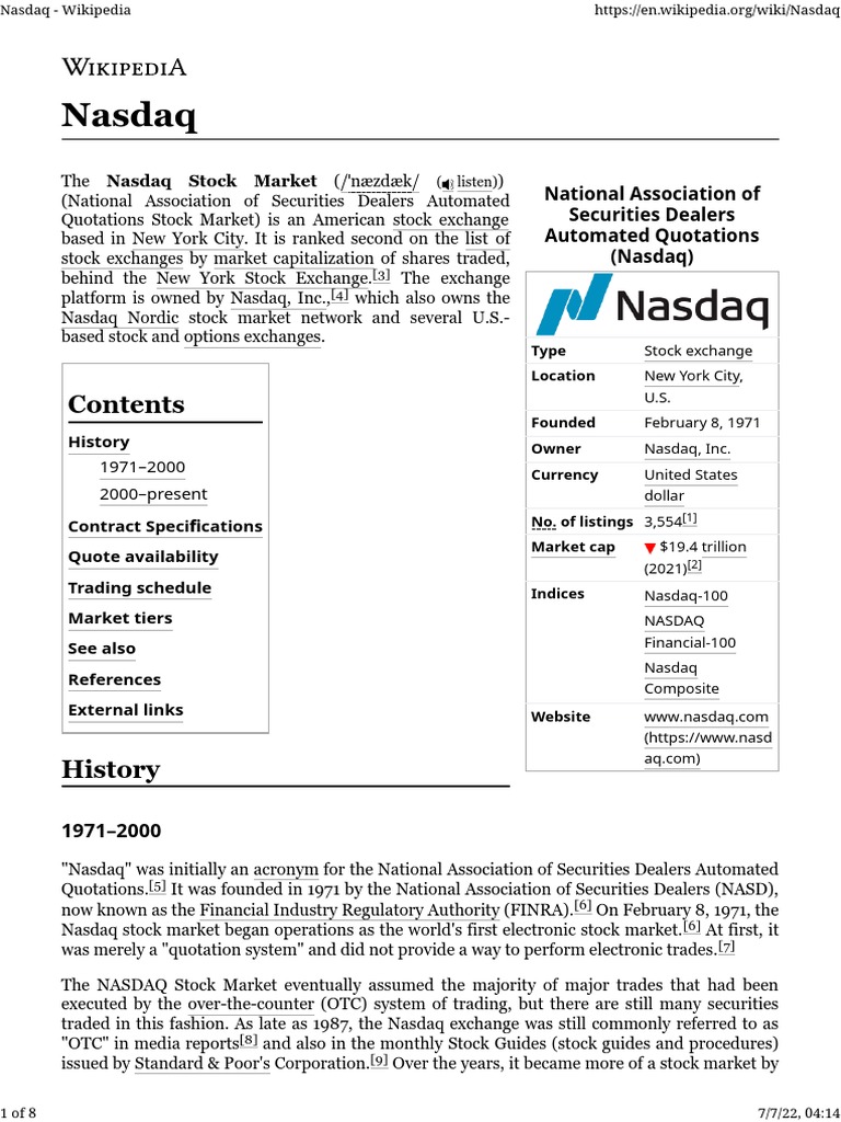 Nasdaq: National Association of Securities Dealers Automated Quotations ...