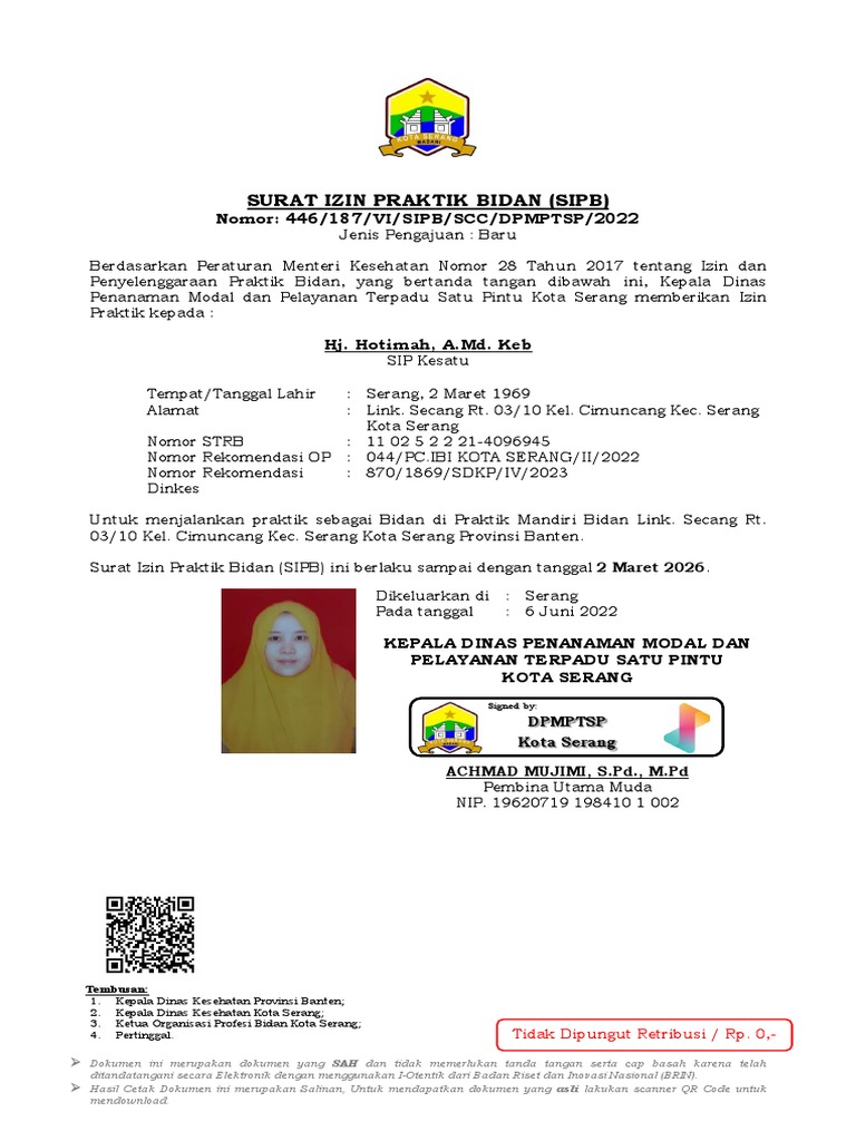 Surat Izin Praktik Bidan (Sipb) : Nomor: 446/187/VI/SIPB/SCC/DPMPTSP/2022 | PDF