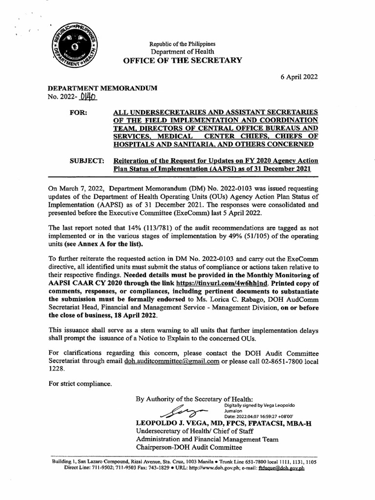dm2022-0140 Reiteration of The Request For Updates On FY 2020 Agency ...