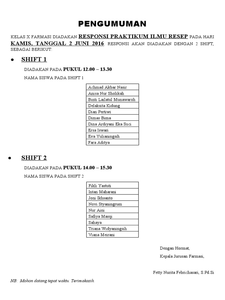 Jadwal Responsi Kelas X Farmasi | PDF