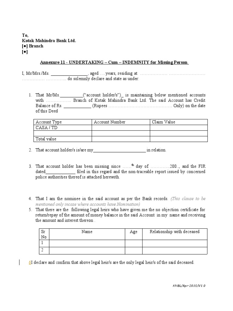 To, Kotak Mahindra Bank Ltd. ( ) Branch ( ) Annexure 11 - UNDERTAKING ...