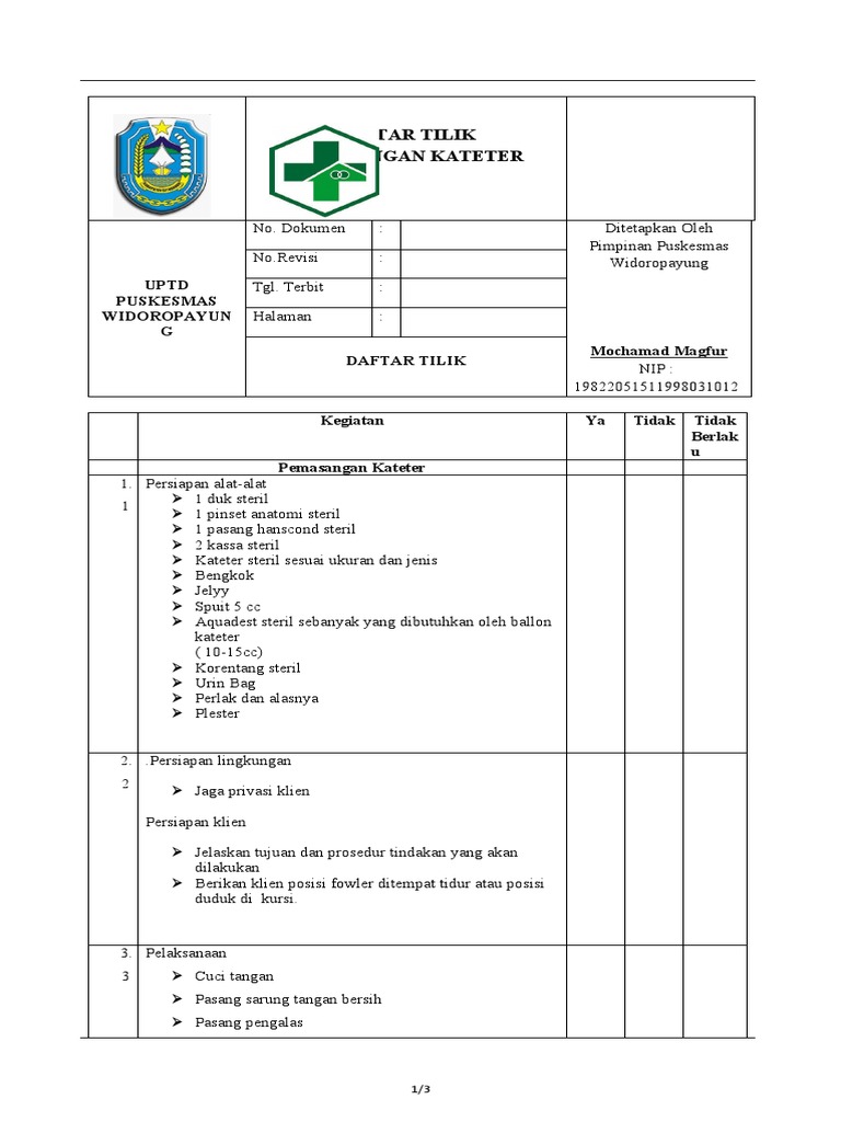 Daftar Tilik Pemasangan Kateter | PDF