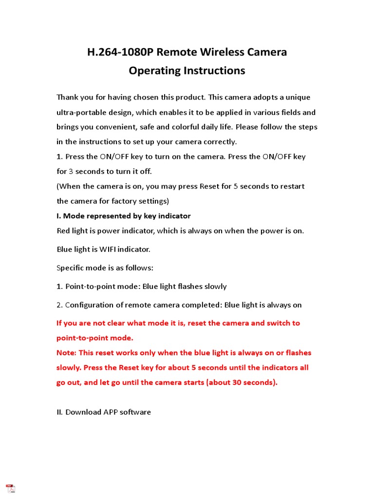 H.264-1080P Remote Wireless Camera Operating Instructions: I. Mode ...