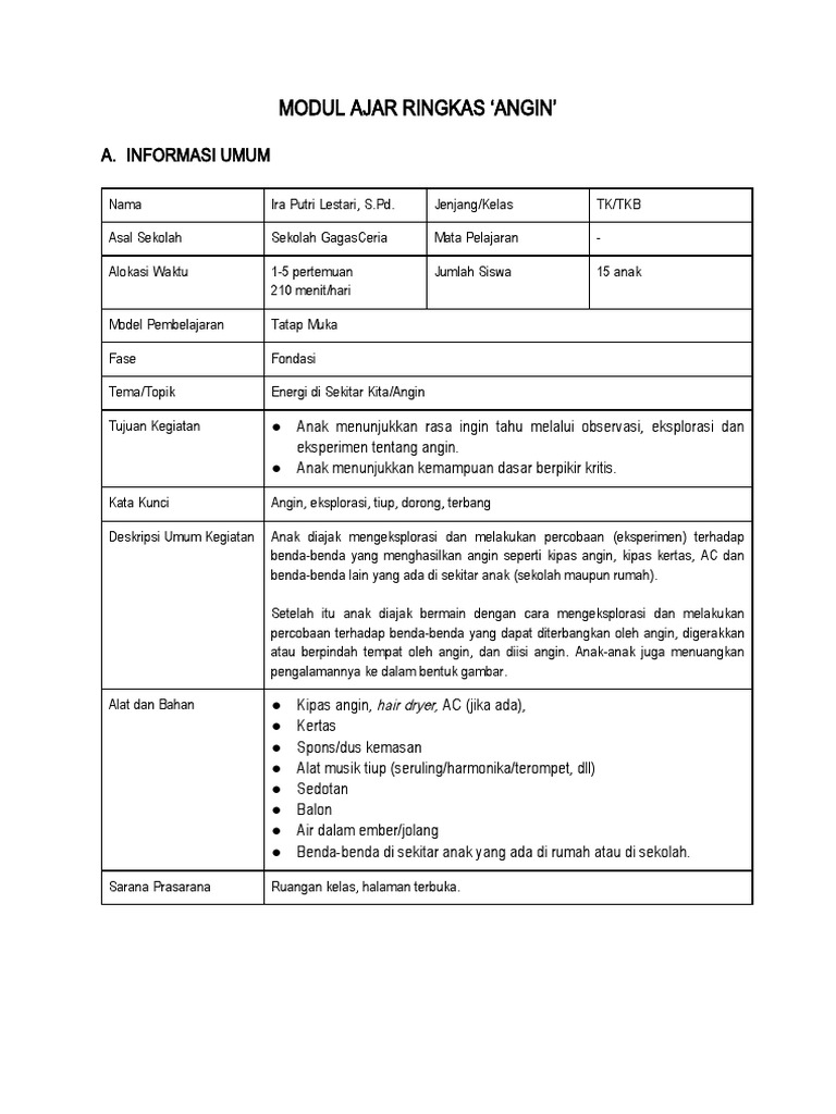 Modul Ajar Ringkas - Angin Dan Cahaya | PDF