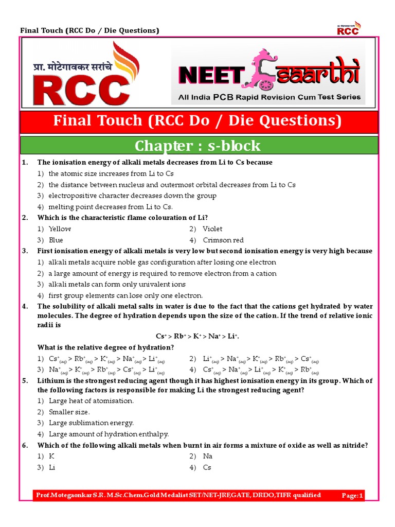 26 S-Block MCQ With Solutions | PDF | Sodium Carbonate | Sodium Hydroxide