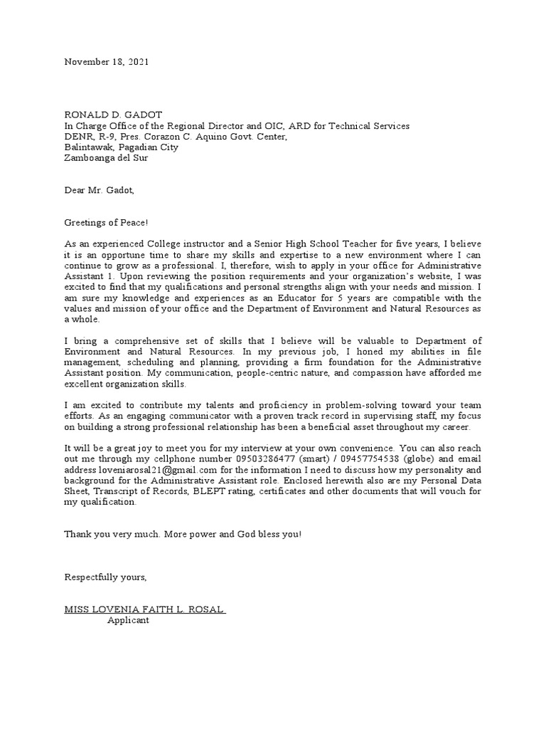 Admin Assistant Denr Application Letter | PDF