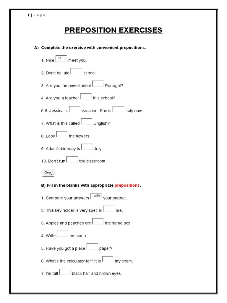Preposition Exercises: Prepositions | PDF