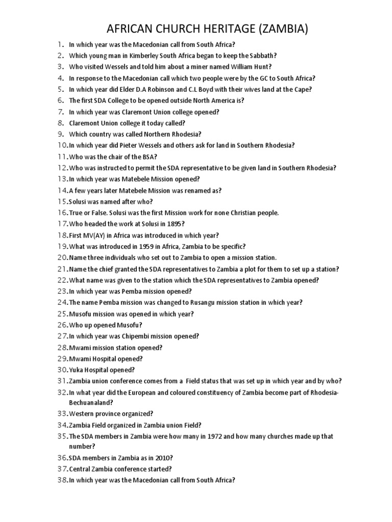 African Church Heritage Questions and Answers | PDF | Rhodesia | South ...