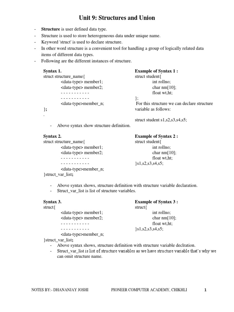 Unit 9: Structures and Union: Notes By:-Dhananjay Joshi Pioneer ...