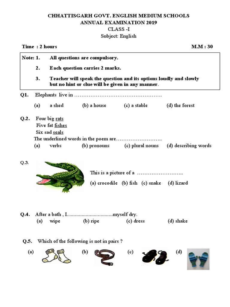 CBSE Class - 1 English Set - 1 Question Paper | PDF | English Language ...