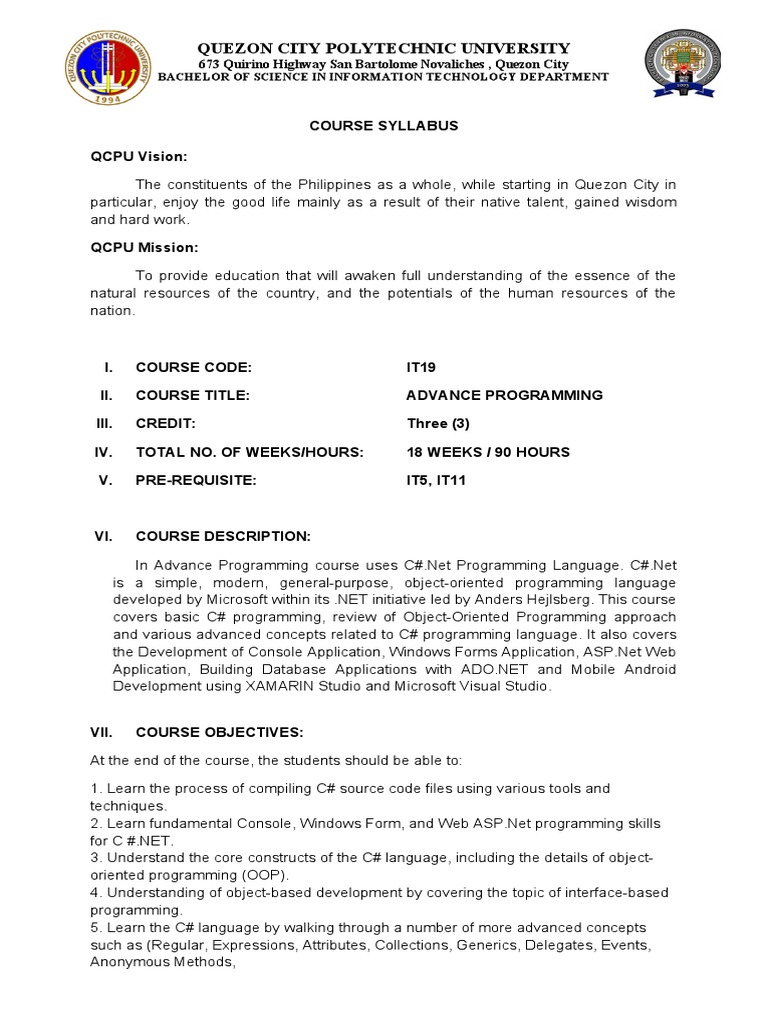 Quezon City Polytechnic University: Course Syllabus QCPU Vision | PDF | C Sharp (Programming ...