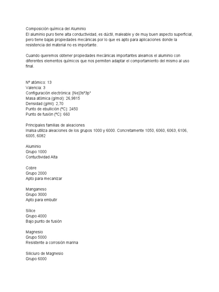 Composición y propiedades del aluminio | PDF