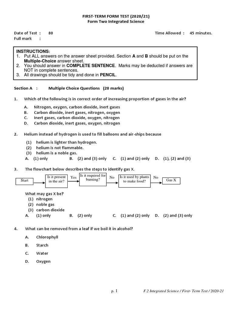 FIRST-TERM FORM TEST (2020/21) Form Two Integrated Science ...