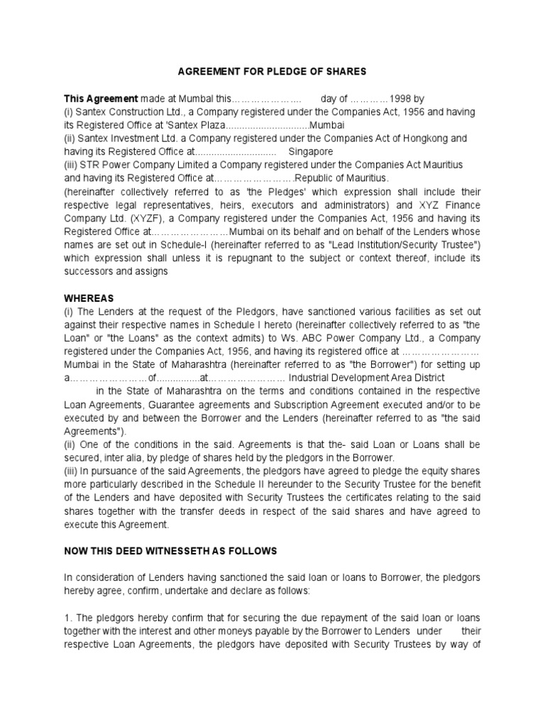 Agreement For Pledge of Shares | PDF | Loans | Securities (Finance)