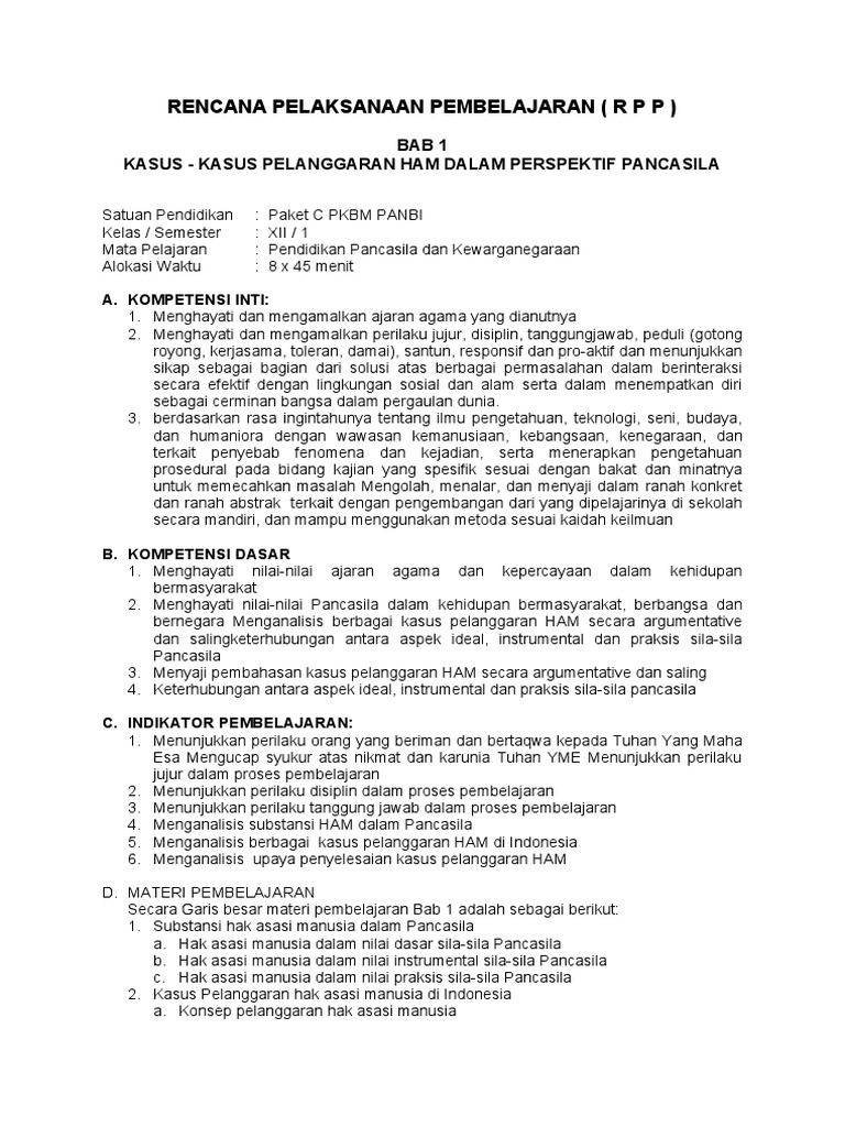Rencana Pelaksanaan Pembelajaran Harian (RPPH) - PKN | PDF