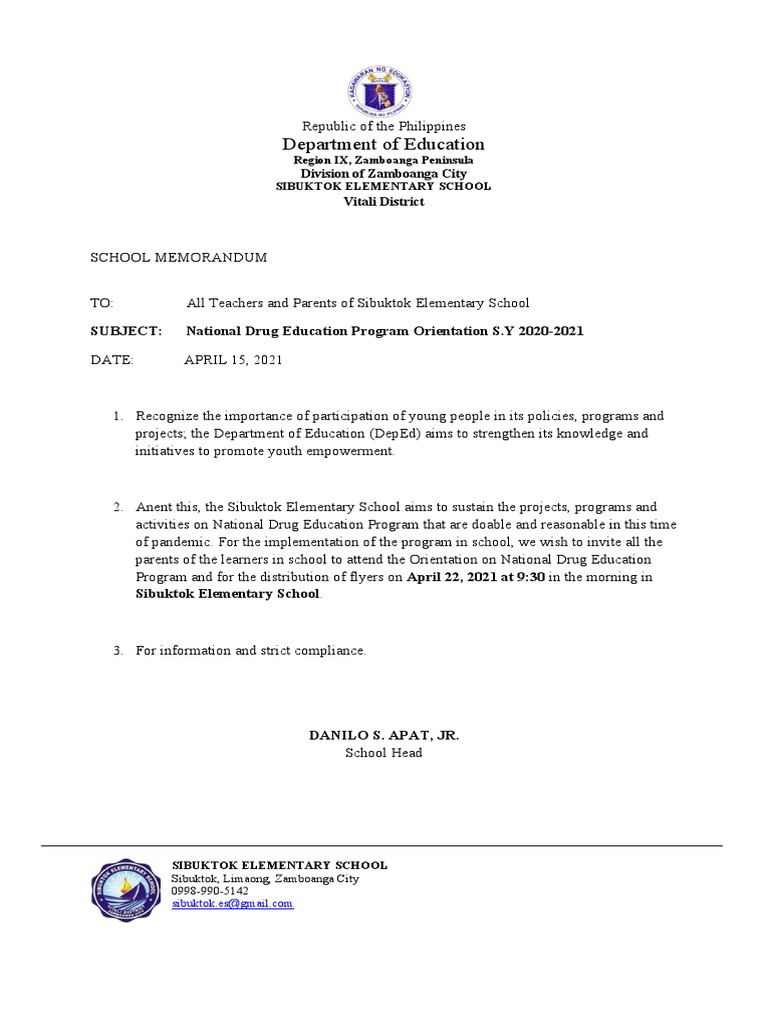 Department of Education: SUBJECT: National Drug Education Program ...