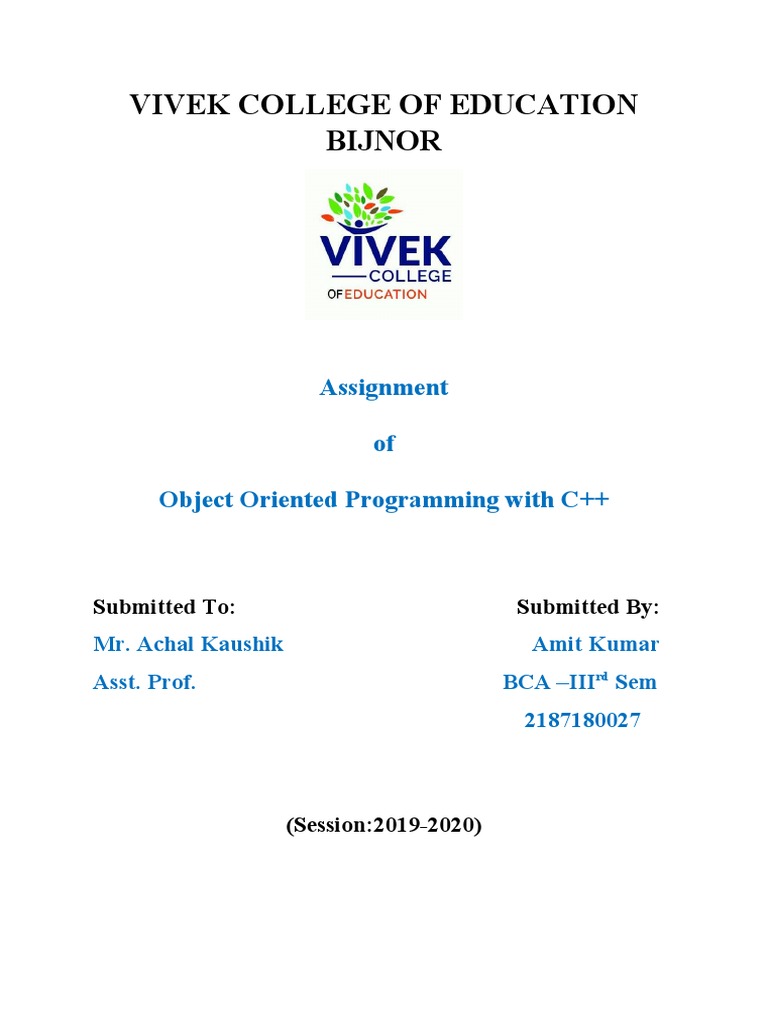 Vivek College of Education Bijnor: Assignment of Object Oriented Programming With C++ | PDF