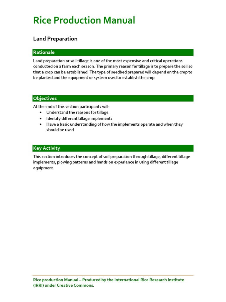 Rice Production Manual: Land Preparation | PDF | Plough | Tillage