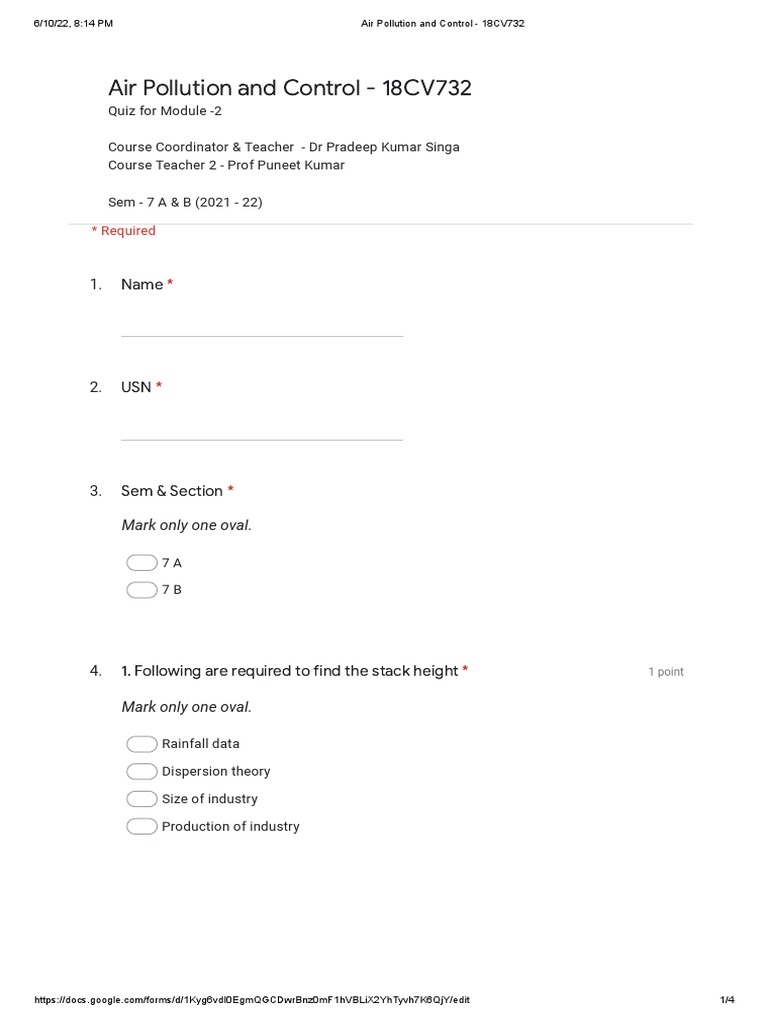 Air Pollution Quiz M - 2 - Google Forms | PDF | Wound | Earth Sciences