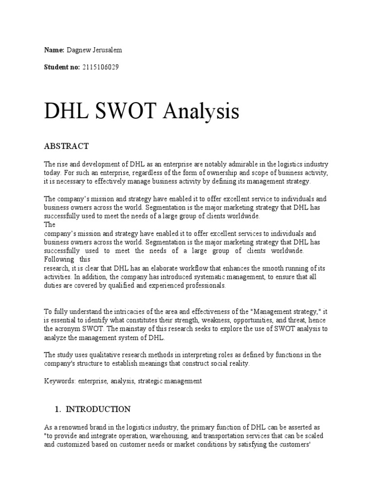 DHL SWOT Analysis: Name: Dagnew Jerusalem Student No: 2115106029 | PDF ...
