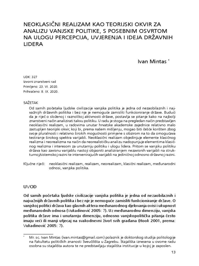 Ivan Mintas - NEOKLASIČNI REALIZAM KAO TEORIJSKI OKVIR ZA ALANIZU VANJSKE POLITIKE | PDF