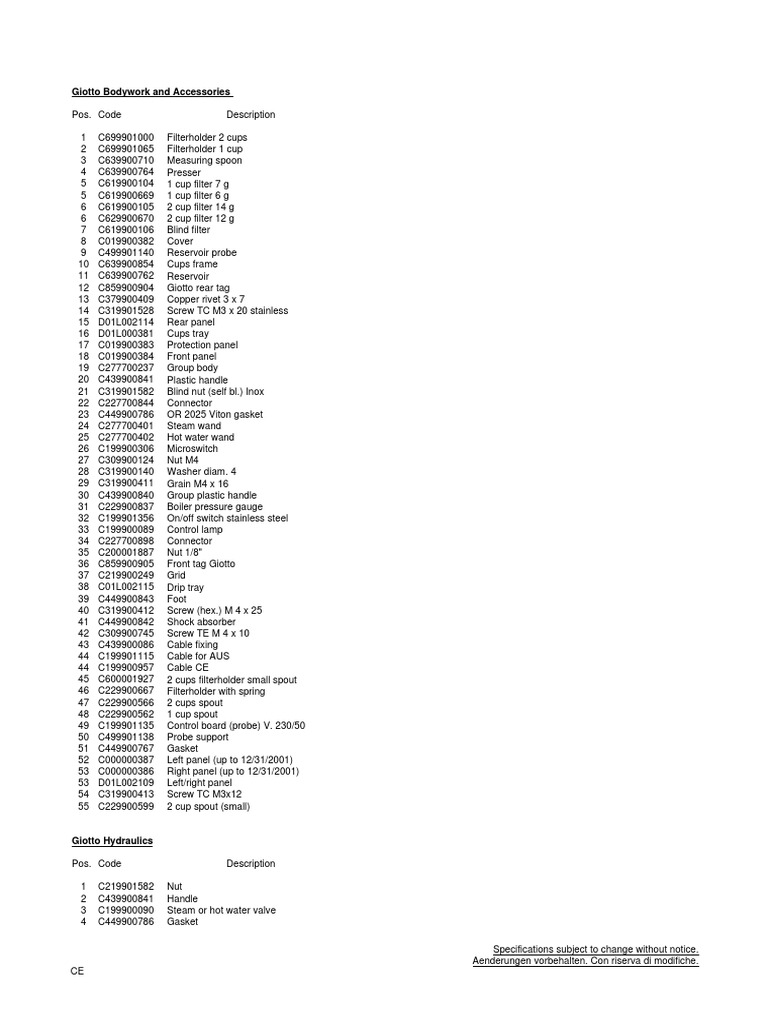 Giotto-parts-list | PDF | Pump | Valve