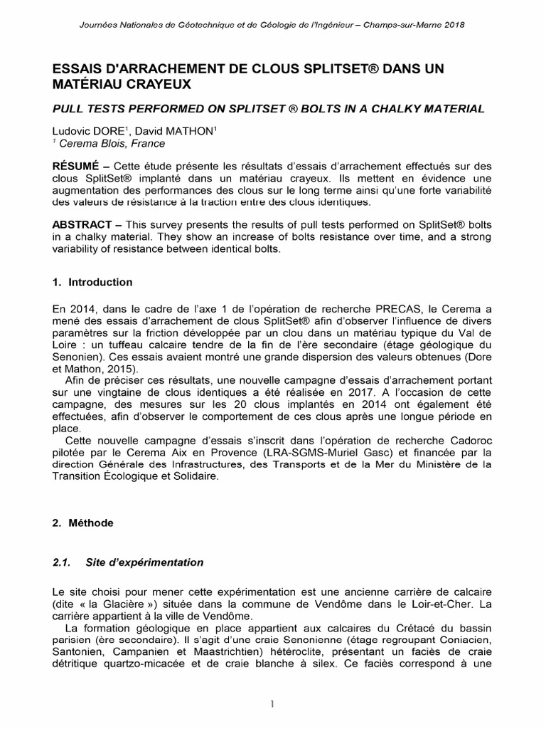 Essais D'arrachement de Clous Splitset® Dans Un Matériau Crayeux | PDF