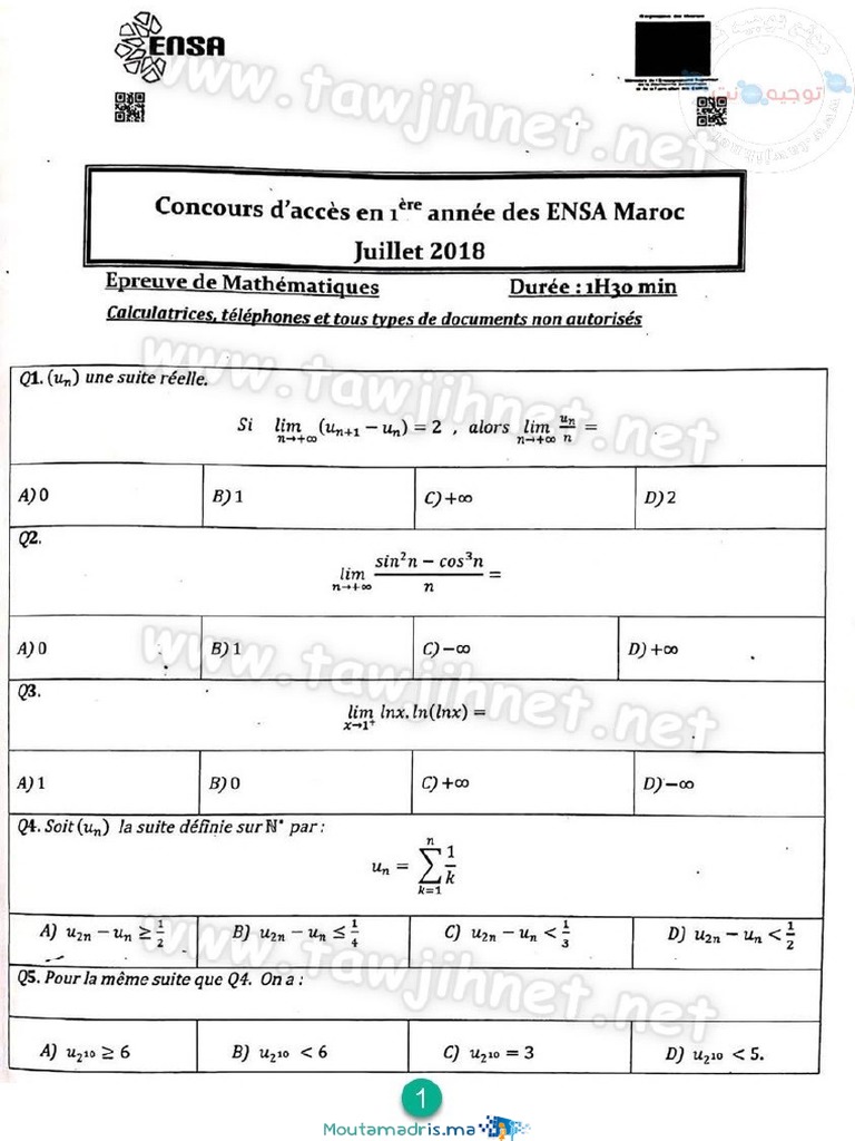 Exemple Concours Ensa 2018 Maths | PDF