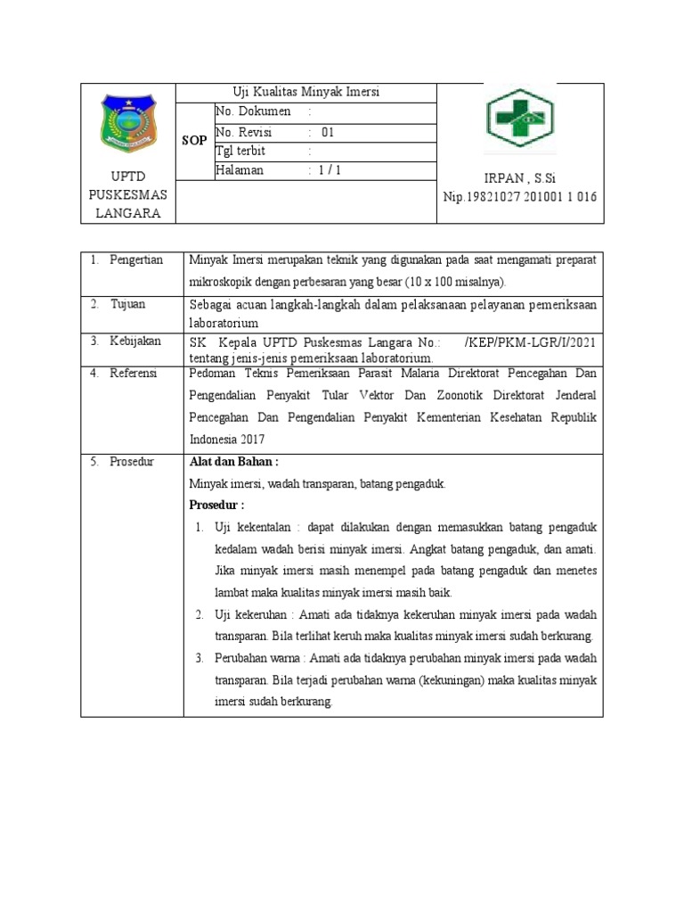 SPO Uji Kualitas Minyak Imersi | PDF