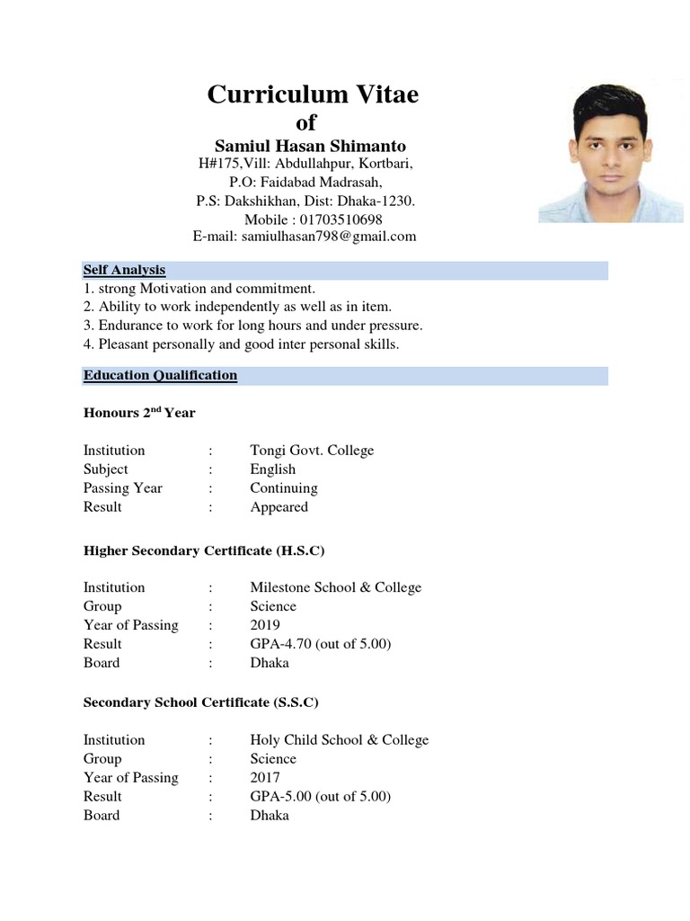 SAMIUL HASAN CV With PP-Size Picture & Signature | PDF
