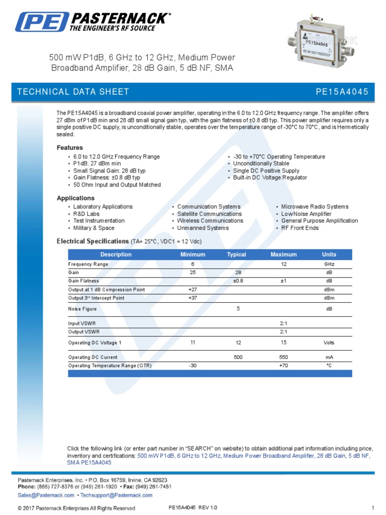 500 MW P1Db, 6 GHZ To 12 GHZ, Medium Power Broadband Amplifier, 28 DB Gain, 5 DB NF, Sma | PDF ...