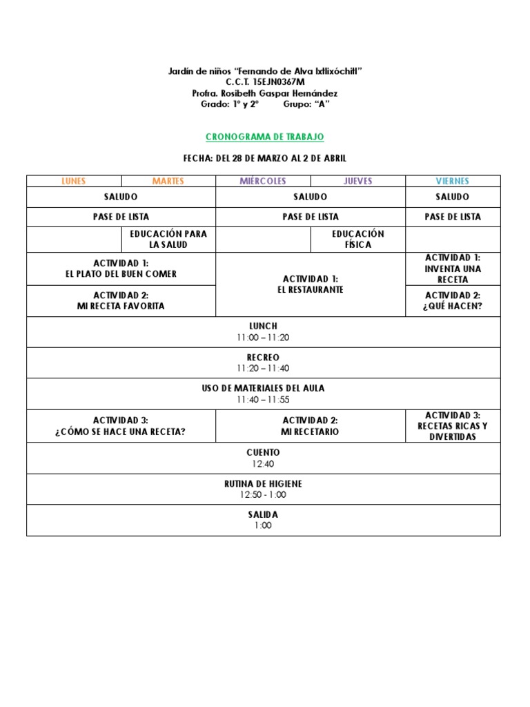 Plan Preescolar | PDF | Receta | Educación de la primera infancia