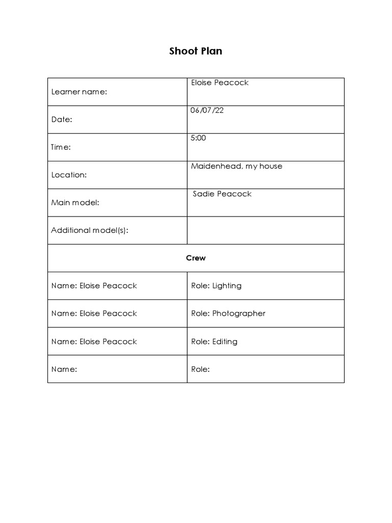 Shoot Plan 2 | PDF
