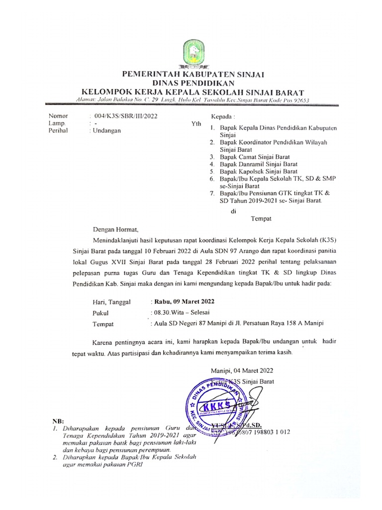 Contoh Undangan Pelepasan Purna Tugas | PDF