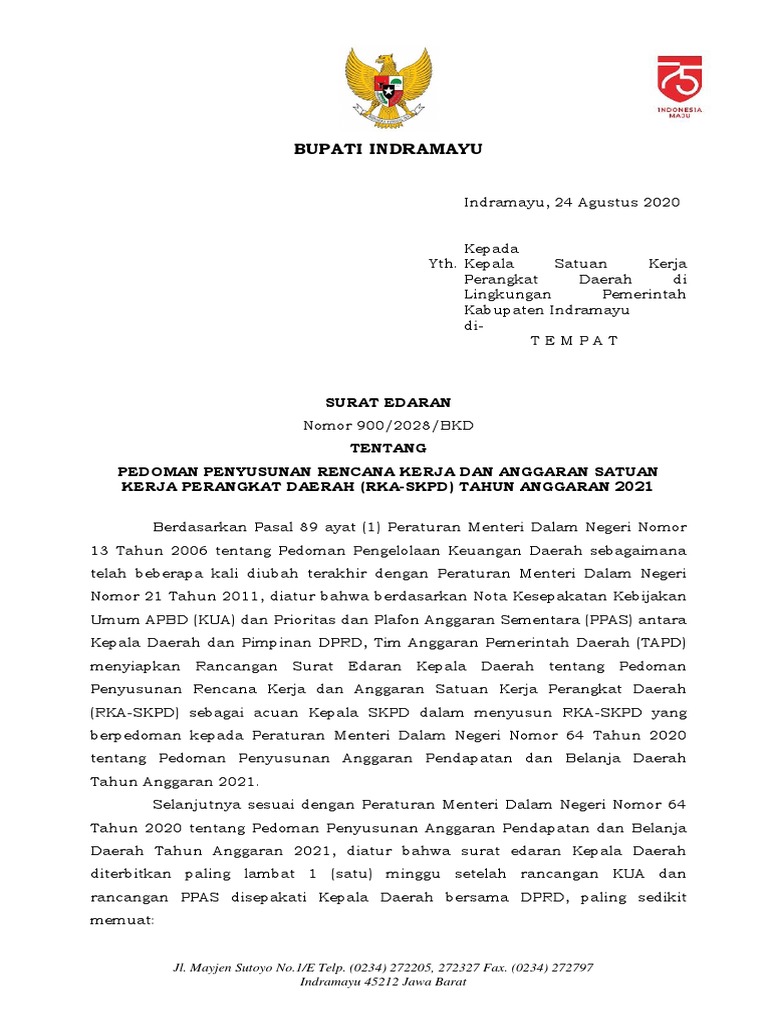 Surat Edaran Bupati Pedoman Penyusunan RKA SKPD TA 2021 | PDF
