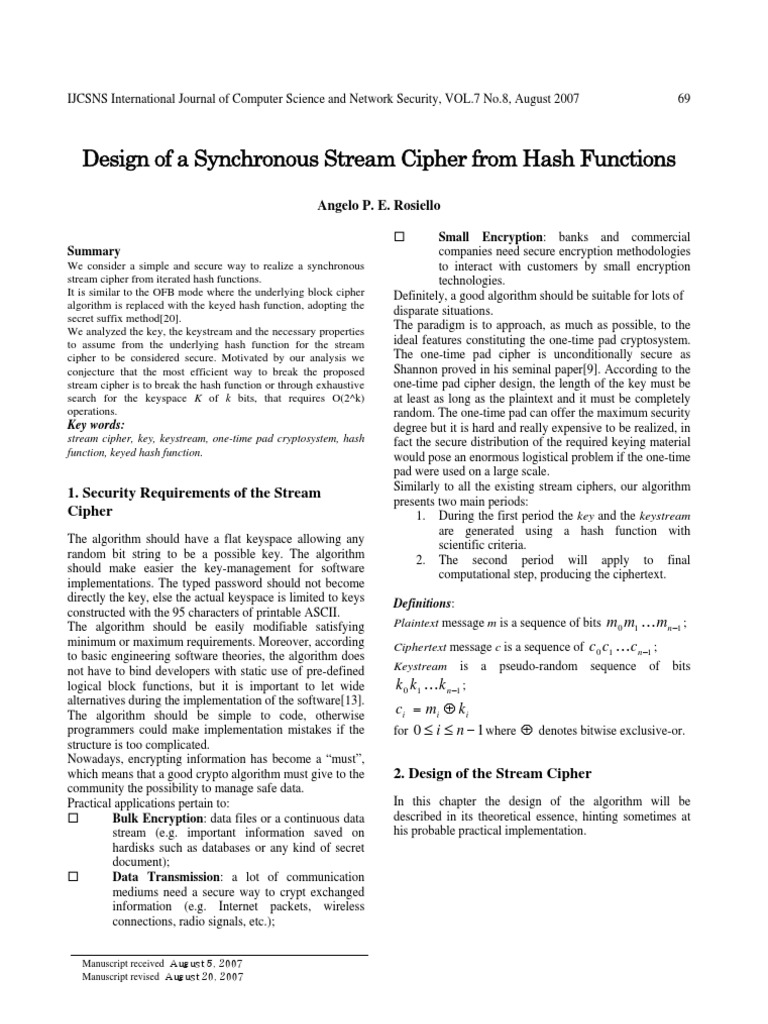 Design Of A Synchronous Stream Cipher From Hash Functions Pdf Key