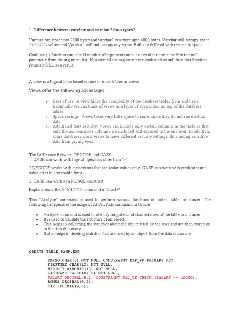 Difference Between Varchar and Varchar2 Data Types?: Salary Decimal (9 ...